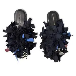 LONDON ATELIER BYPRODUCT Pom Pom Fabric & Leather Mules Slip On Shoes - Black