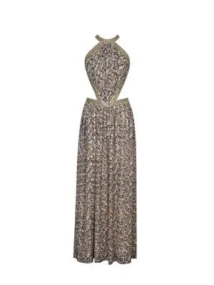 MISS CIRCLE NEW YORK Quinnlyn Cheetah Print Chiffon Halter Maxi Dress - Beige