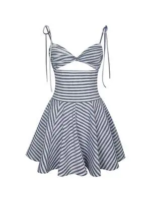 MISS CIRCLE NEW YORK Vinaya Navy & White Striped Linen Flared Mini Dress - Blue