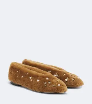 JIMMY CHOO Margot Embellished Shearling Ballet Flats - Brown