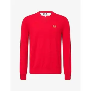 Play Comme Des Garcon Heart Motif-logo V-neck Wool Jumper - Red