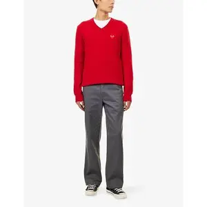 Play Comme Des Garcon Heart Motif-logo V-neck Wool Jumper - Red