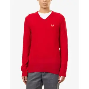 Play Comme Des Garcon Heart Motif-logo V-neck Wool Jumper - Red
