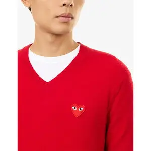 Play Comme Des Garcon Heart Motif-logo V-neck Wool Jumper - Red