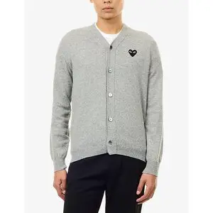 Play Comme Des Garcon Heart Motif-logo Wool Cardigan - Light Grey