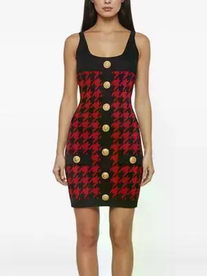 Balmain Houndstooth Jacquard Mini Dress - Red