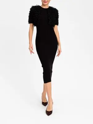 TWINSET Off-the-shoulder Ribbed Midi Sheath Dress With Lace Inserts