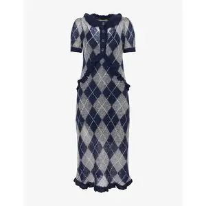 SHUSHU/TONG Argyle-knit Short-sleeve Wool-blend Midi Dress