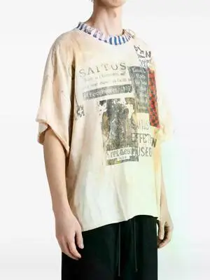 SAITOS Striped-neck Graphic-print T-shirt