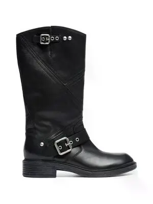 Ash Fuchsia Buckled Leather Biker Boots - Black