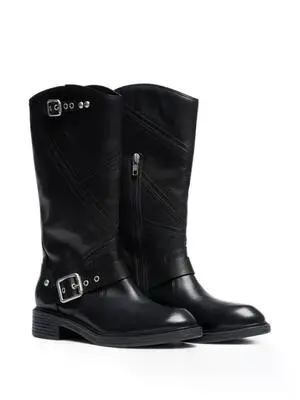 Ash Fuchsia Buckled Leather Biker Boots