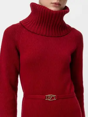TWINSET Midi Knit Wool Blend Dress With Removable Turtleneck - Red