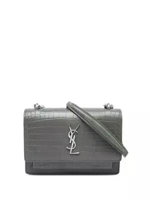 Saint Laurent 2017 Mini Croc Embossed Leather Monogram Sunset Wallet On Chain Crossbody Bag - Grey