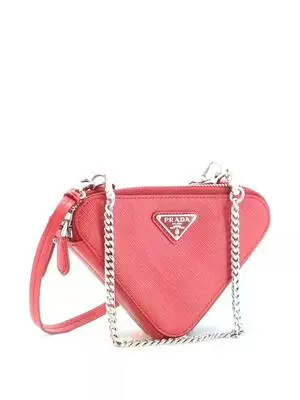 Prada Triangle Double Zip Pouch Bag With Chain Saffiano Leather Mini Crossbody Bag - Red