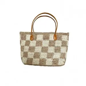 Pink Haley Neutrals Lindsey Checker Raffia Tote - Black