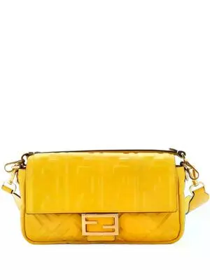 Fendi Baguette Nm Bag Zucca Embossed Leather Medium Crossbody Bag - Yellow