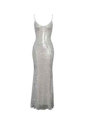 MISS CIRCLE NEW YORK Cameron Sequin Scoop Neck Mermaid Maxi Dress - White