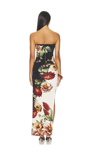 Alice + Olivia Delora Strapless Cutaway Side Slit Maxi Dress In . Also