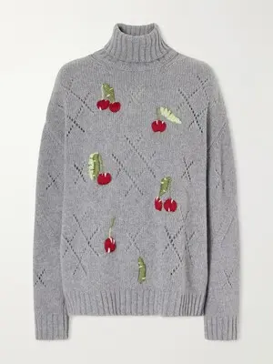 Bernadette Sharon Embroidered Pointelle-knit Wool Turtleneck
