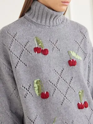Bernadette Sharon Embroidered Pointelle-knit Wool Turtleneck