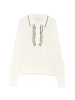 FORTE_FORTE Ruffled-trim Polo-collar Sweater - Neutrals