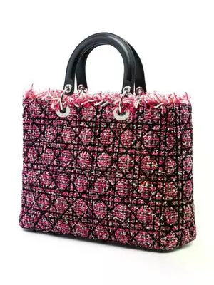 Dior 2011 Large Tweed Cannage Fringe Lady Satchel - Pink