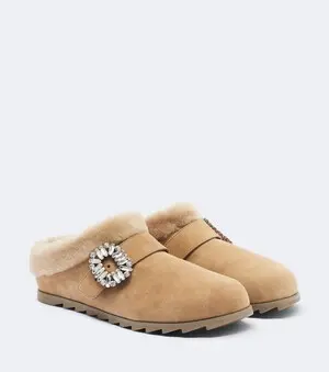 ROGER VIVIER Slidy Viv' Shearling-lined Suede Mules - Beige
