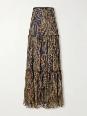 Etro Tiered Paisley-print Metallic Silk-blend Chiffon Maxi Skirt - Multi