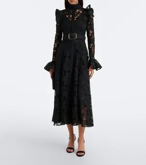 LEO LIN Aliyah Belted Guipure Lace Midi Dress