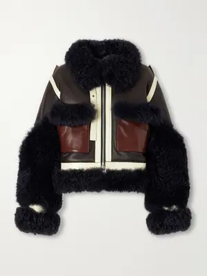 Sacai Color-block Shearling-trimmed Leather Jacket - Multi