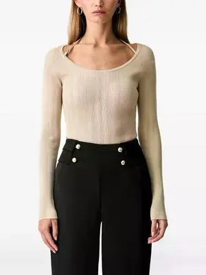 Guess Ribbed-knit Logo-plaque Sweater - Neutrals