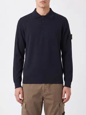 Stone Island Long-sleeved Wool Knit Polo Shirt With Compass Logo - Navy