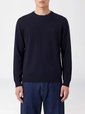 Giorgio Armani Virgin Wool Crewneck Sweater With Embroidered Monogram - Blue