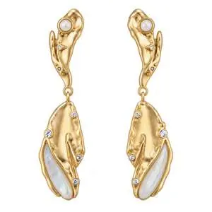 RARE MATTERS JEWELRY White / Gold Sculptural Mother Of Pearl Leaf Drop Earrings Gold Cz Organic Earrings - White/gold
