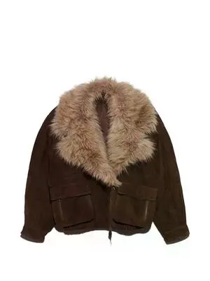 Bimba Y Lola Chocolate Leather Double-breasted Jacket With Fur Collar - Brown