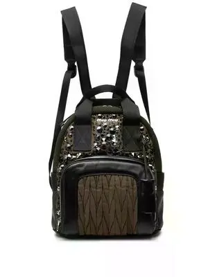 Miu Miu 2010-2026 Leather Trimmed Crystal Embellished Matelasse Nylon Backpack - Brown
