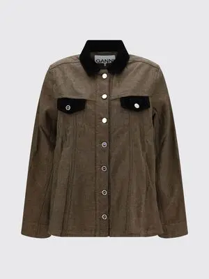 GANNI Neppy Check Cotton Shirt Jacket With Balloon Sleeves - Coffee