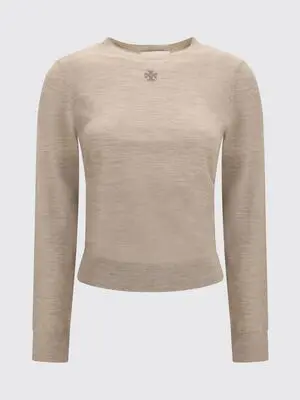 Tory Burch Pure Wool Crewneck Sweater With Embroidered Logo And Ribbed Trims