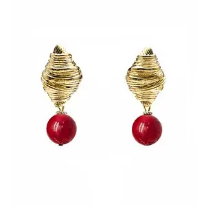 FARRA Bamboo Coral Dangle Gold Stud Earrings - Red