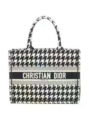 Dior 2010s Medium Book Tote Houndstooth Tote Bag - Black