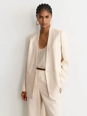 REISS Petite Jacquard-stripe Collarless Double-breasted Blazer
