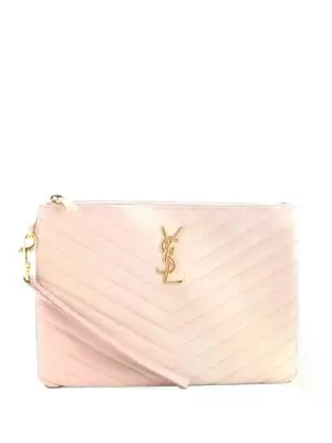 Saint Laurent Classic Monogram Wristlet Pouch Matelasse Chevron Leather Small Clutch Bag - Pink