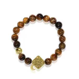 AUROZIA Three Charms Lunar Bloom Gold Plated Lotus And The Moon Coin Tiger’s Eye Beaded Bracelet - Gold/yellow