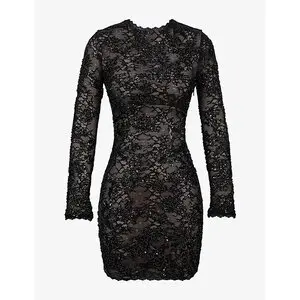 House Of Cb Aurielle Open-back Floral-lace Mini Dress - Black