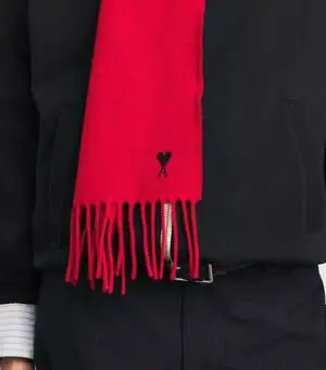 AMI Paris Wool De Coeur Fringed Scarf