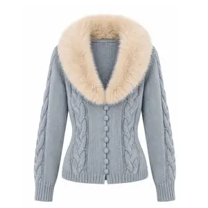 BELSIZE25 Cashmere-blend Faux Fur Collar Cable-knit Cardigan In Dusty - Blue