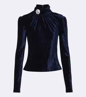 Rabanne Embellished Gathered Velvet Top - Blue