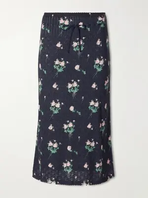Bernadette Katia Floral-print Pointelle-knit Silk, Wool And Cashmere-blend Knee-length Skirt - Black