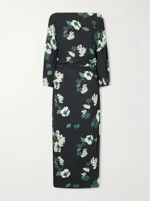 Bernadette Ezra Floral-print Ruched Crepe Midi Dress - Black