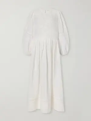 SKALL STUDIO Velina Gathered Floral-embroidered Lace-trimmed Linen Midi Dress - Neutrals